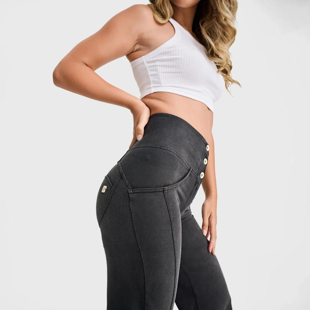 Black + Black Stitching 3 Button High Waisted Palazzo Flare Black + Black Stitching 3 Button High Waisted Palazzo Flare