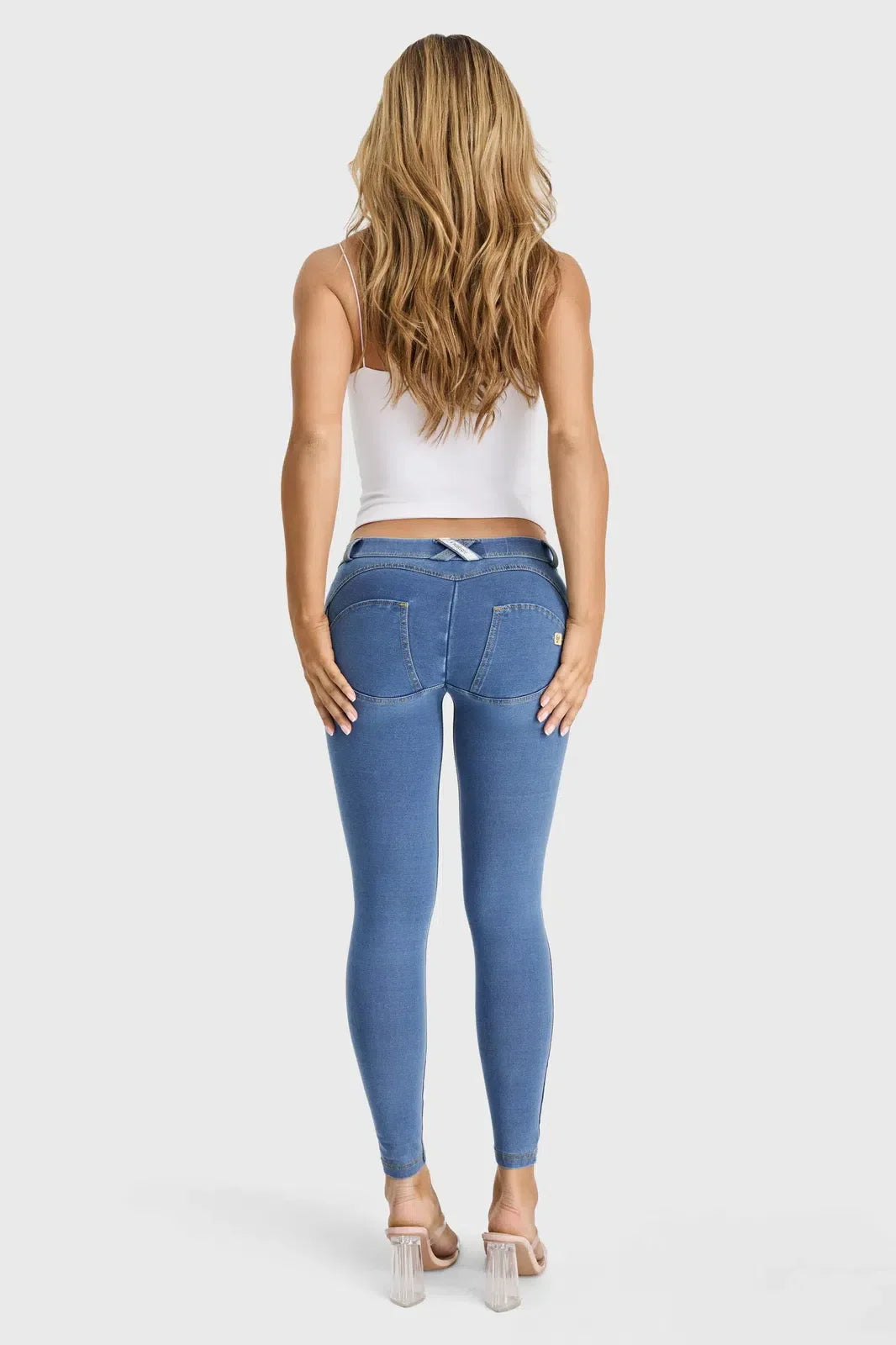 Light Blue + Yellow Stitching Low Rise Full Length WRUP Light Blue + Yellow Stitching Low Rise Full Length WRUP